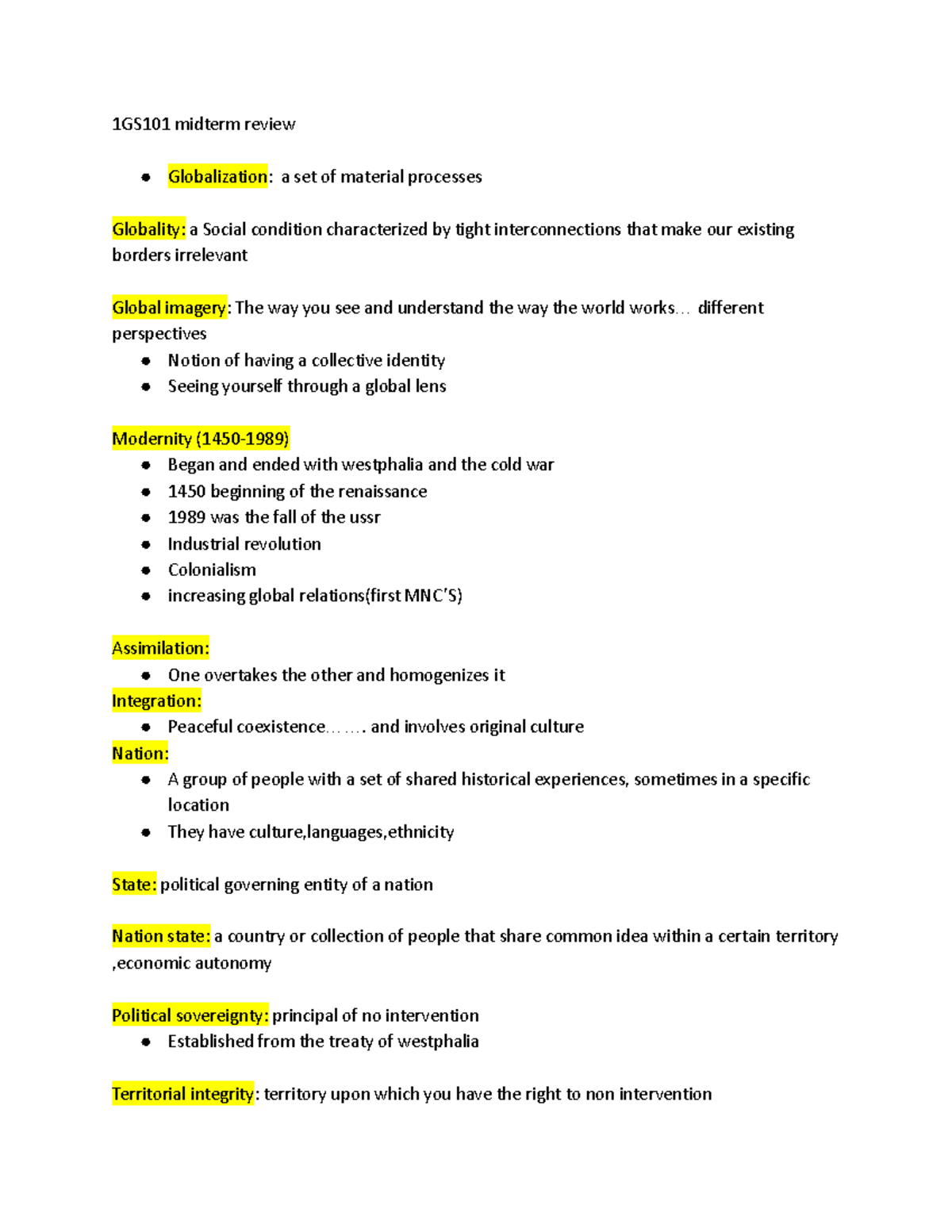 Global Gs101 - 1GS101 midterm review Globalization: a set of material ...