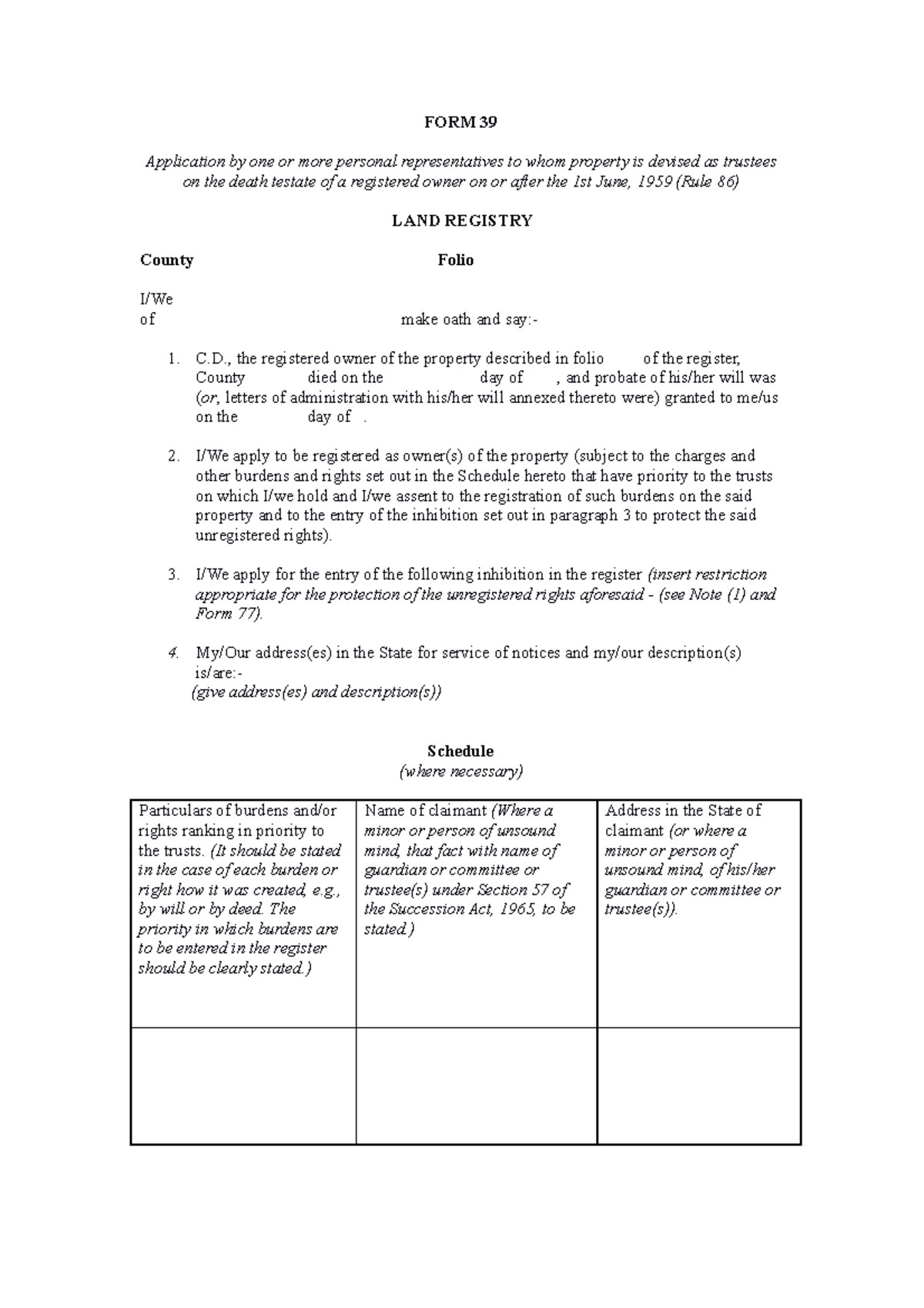 Land Registry Form 39 - FORM 39 Application by one or more personal ...