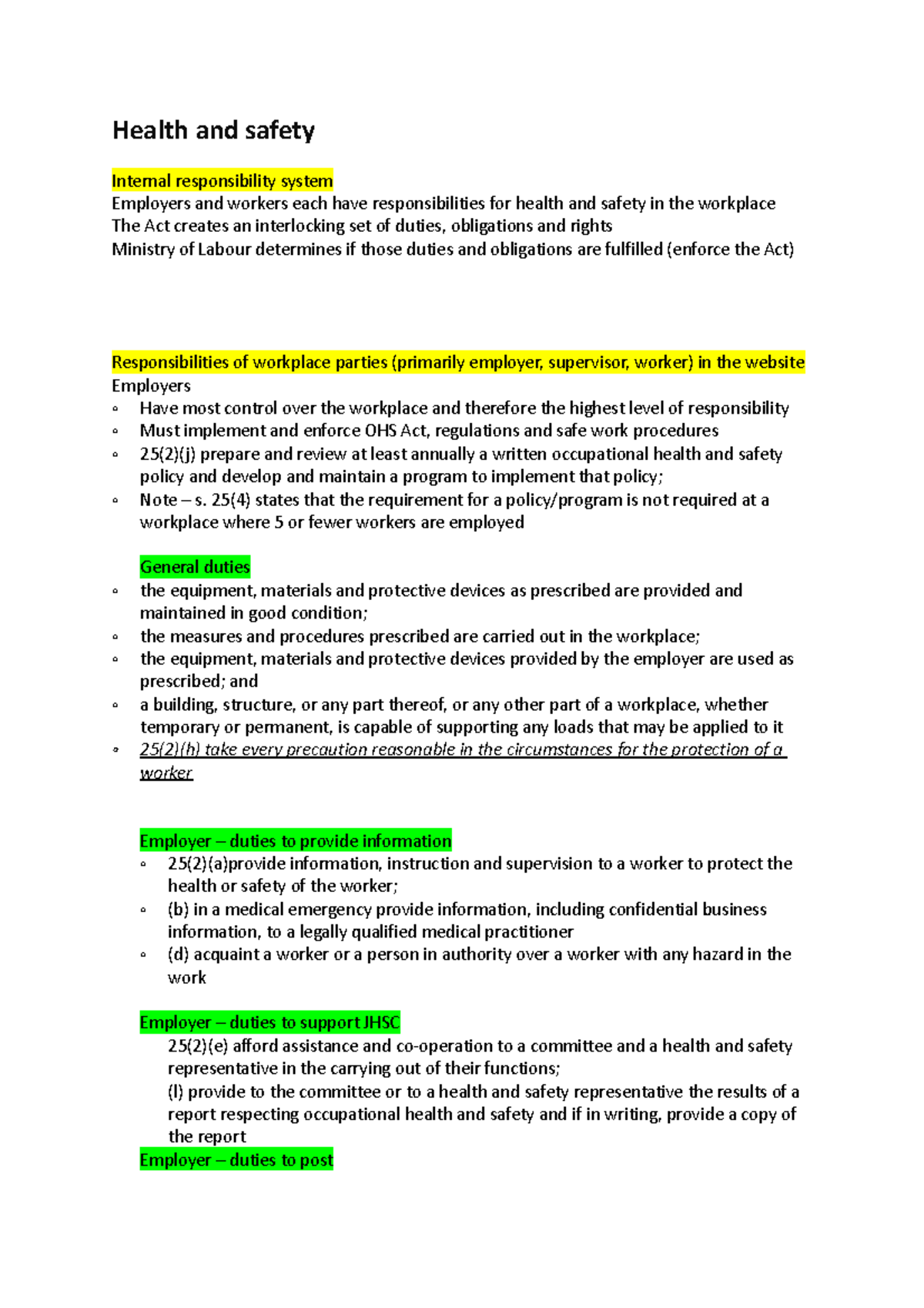 Health and safety summary - Health and safety Internal responsibility ...