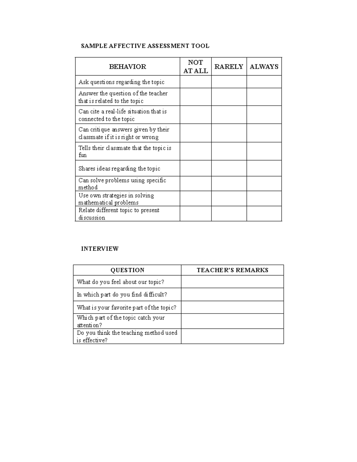 Affective assessment tool - SAMPLE AFFECTIVE ASSESSMENT TOOL INTERVIEW ...