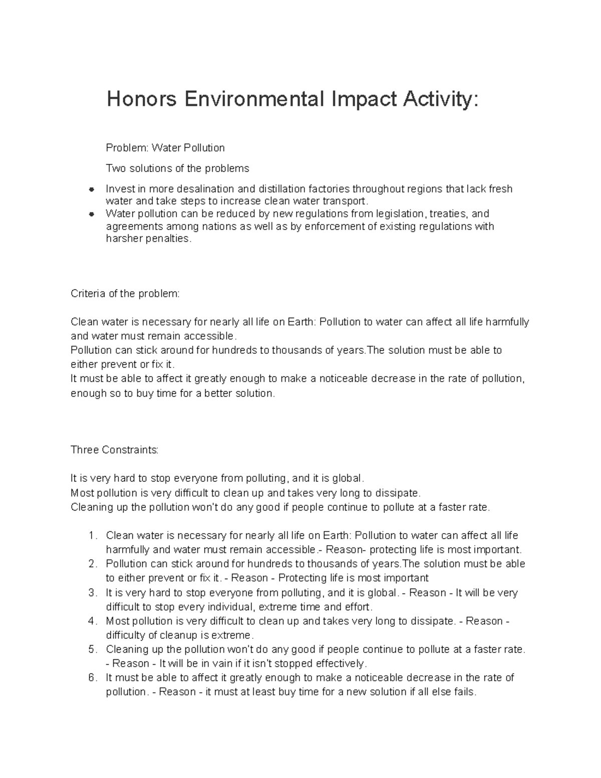 Honors Environmental Impact Activity - Honors Environmental Impact ...