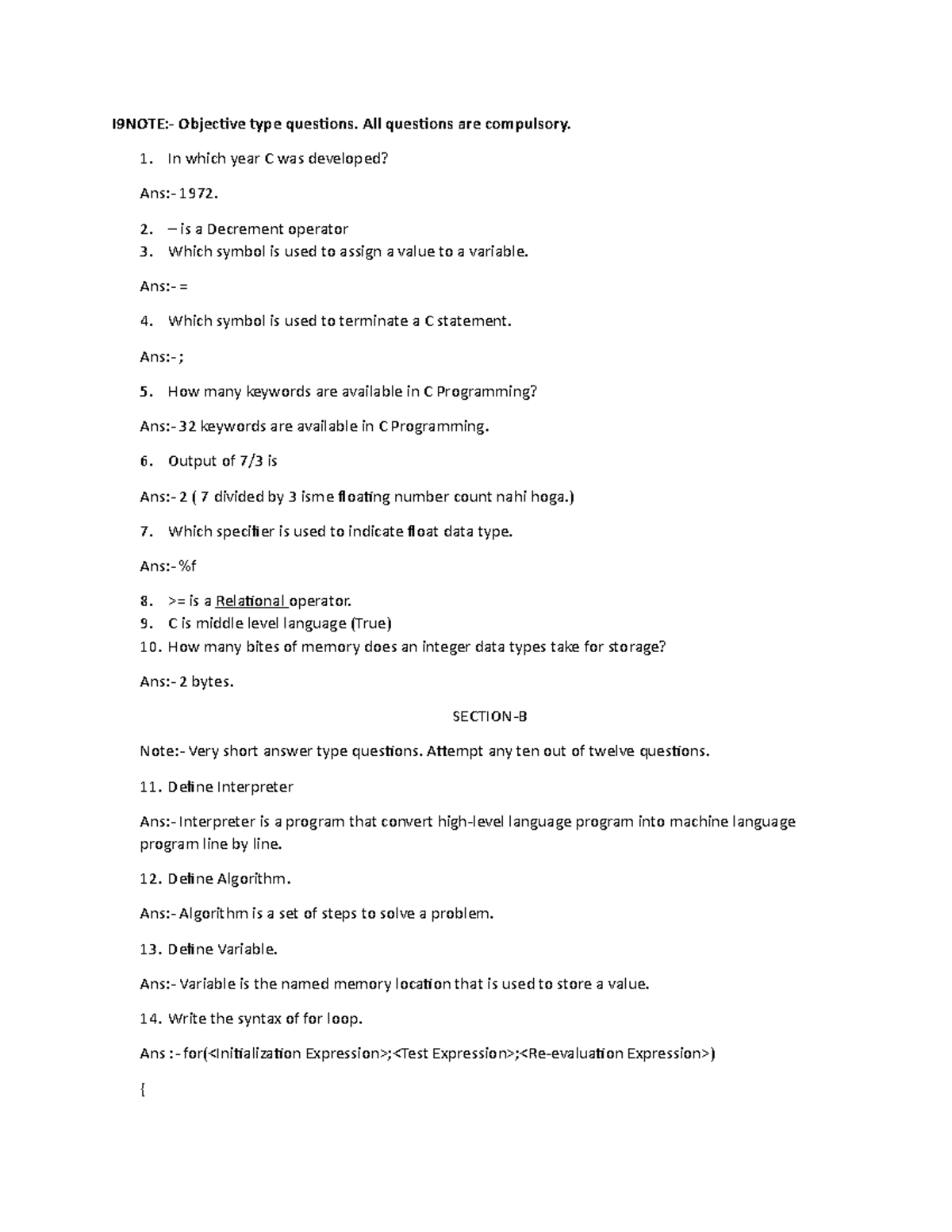 7Days C Language - my hand written notes - I9NOTE:- Objective type ...