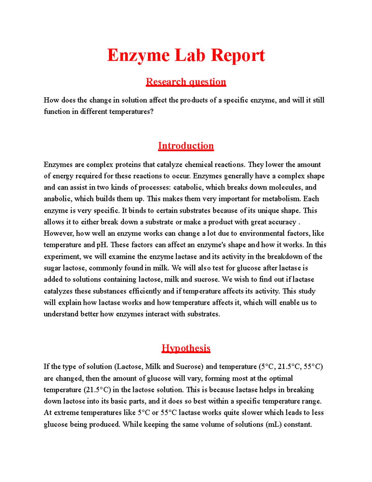 Enzyme Lab Report-5 - ssd - Enzyme Lab Report Research question How does the change in solution ...