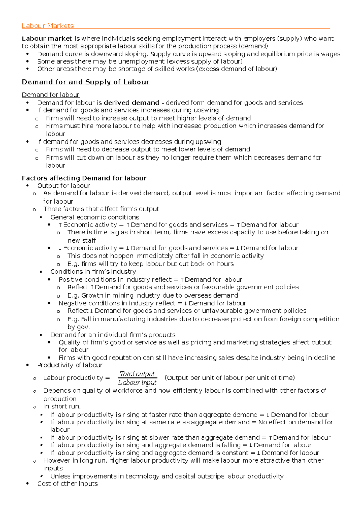 Brief Introduction of Labour Markets - Summary - ECO12 - UNSW Sydney ...