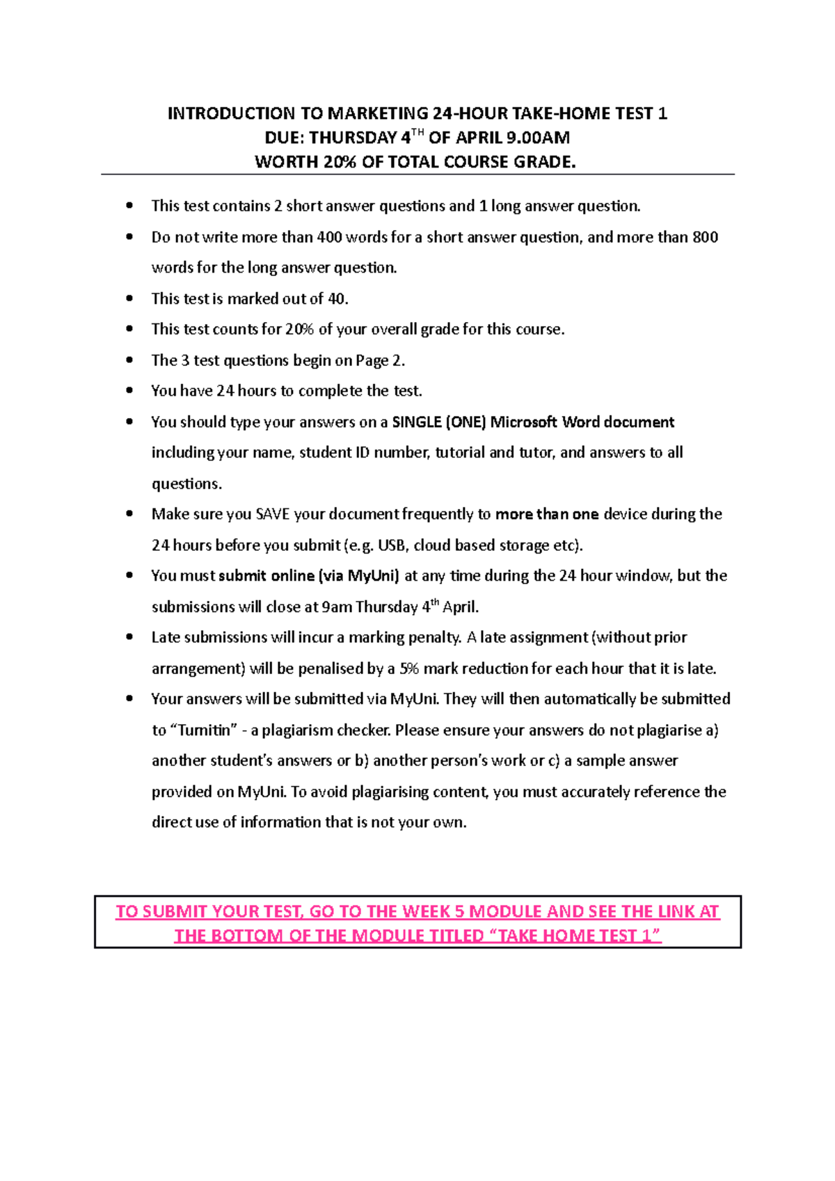 Marketing Test 1 - INTRODUCTION TO MARKETING TEST 1 DUE: THURSDAY 4TH ...