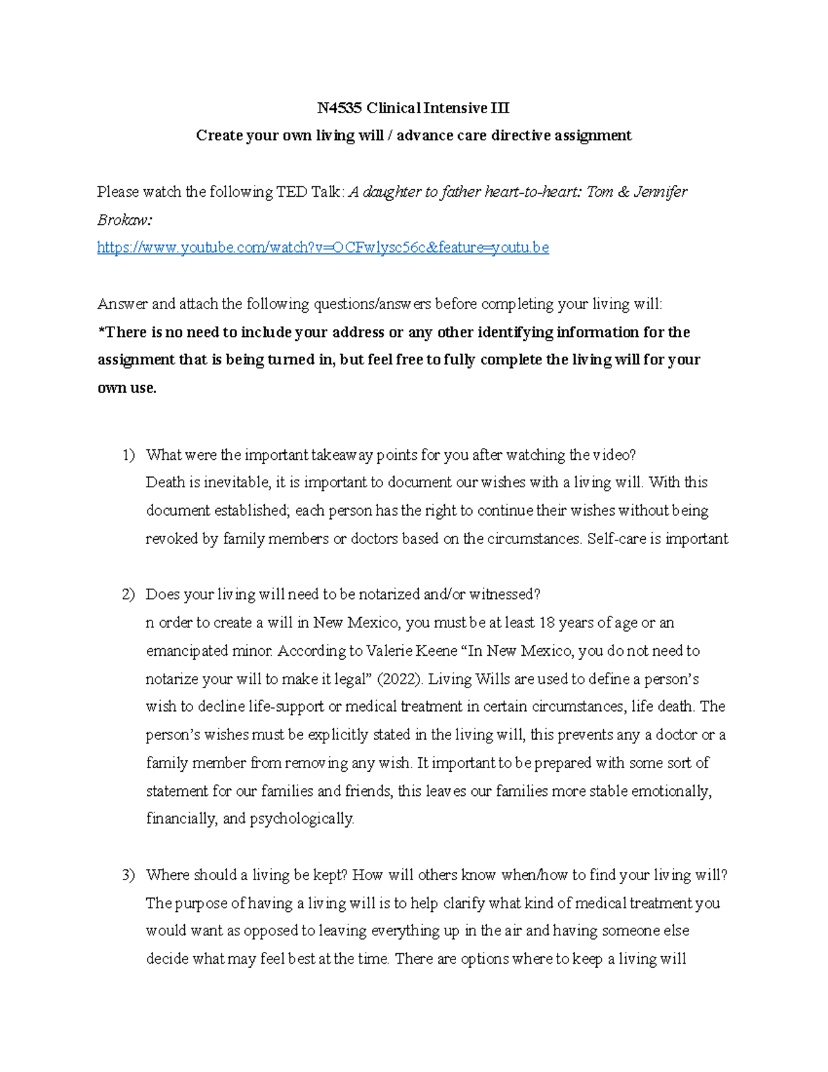 Living will assignment - N4535 Clinical Intensive III Create your own ...