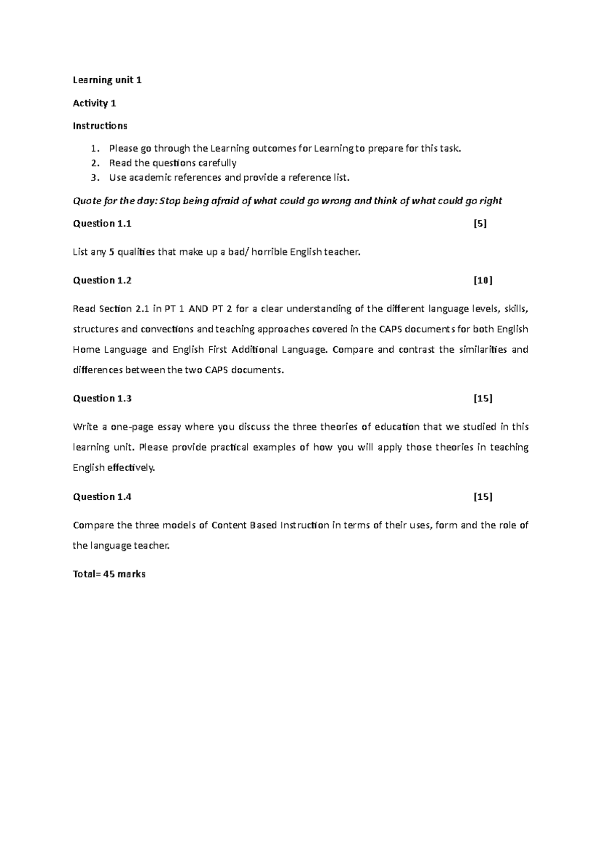 Learning unit 1 - n/a - Learning unit 1 Activity 1 Instructions Please go through the Learning ...