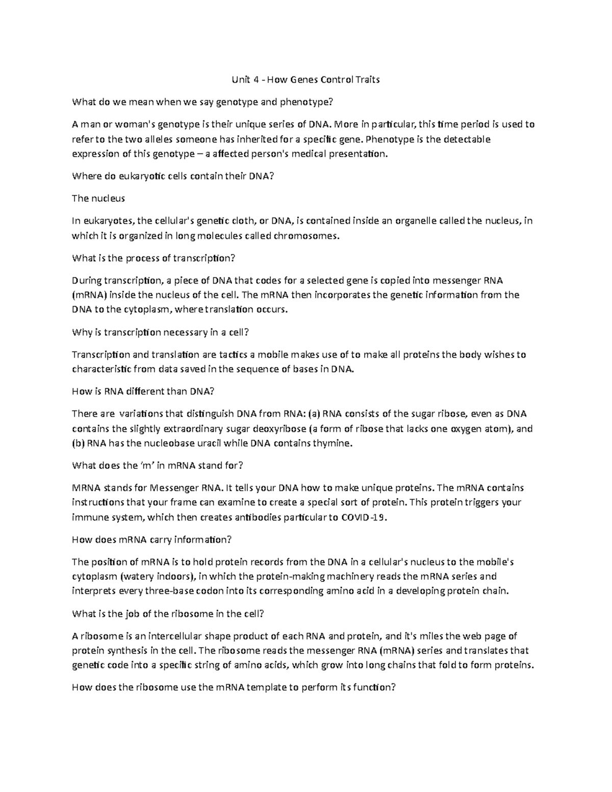 Bio 130 study guide Unit 4 - Unit 4 - How Genes Control Traits What do ...