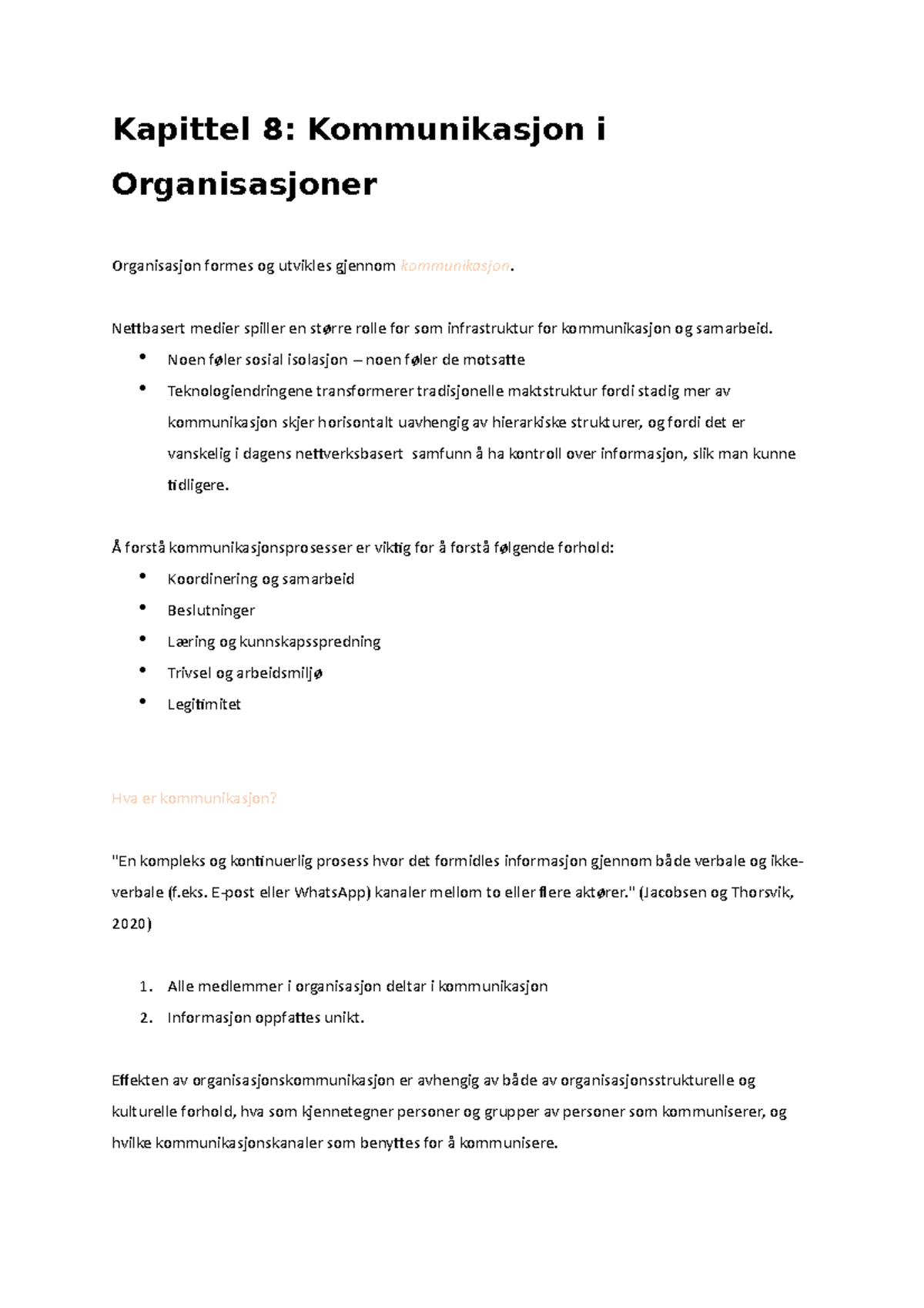 Kapittel 8- Kommunikasjon i Organisasjoner - ORG1001 - Studocu