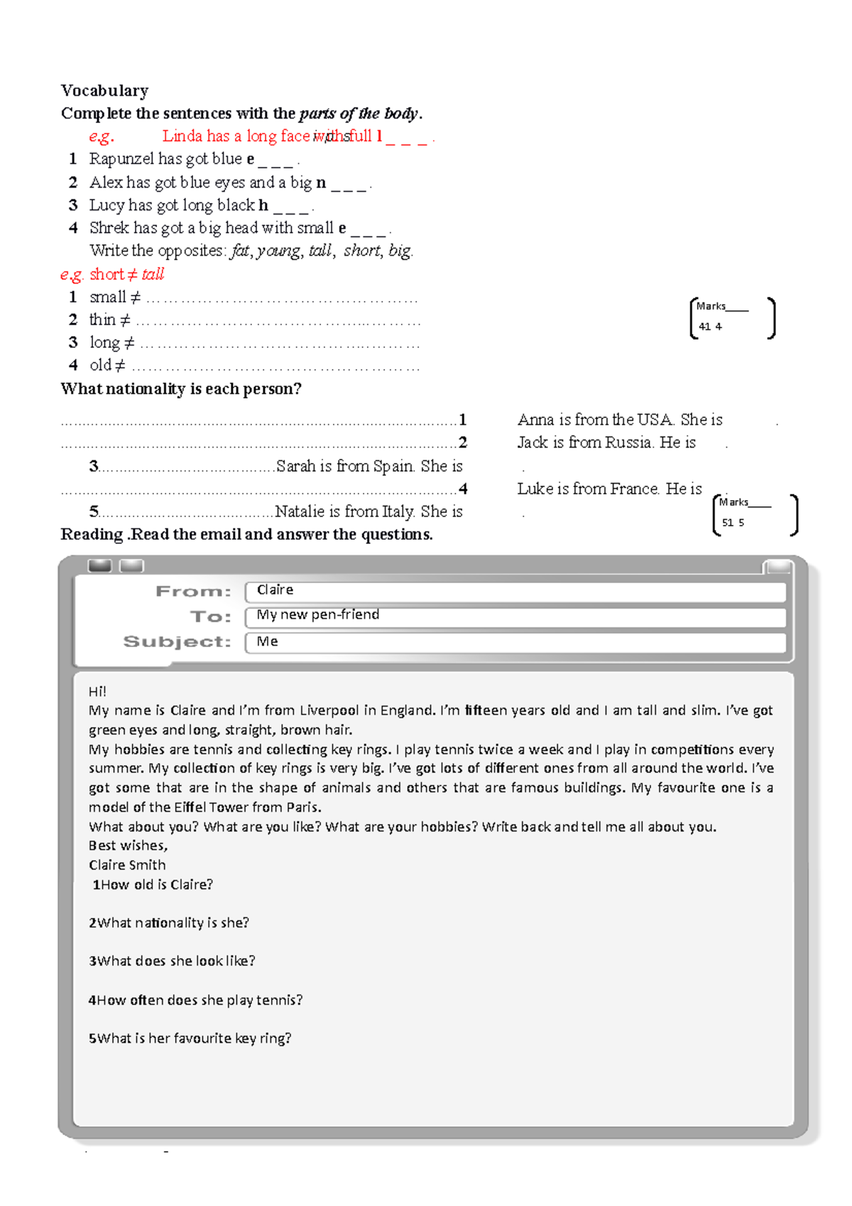 5 th COP II - SAU - Vocabulary Complete the sentences with the parts of ...