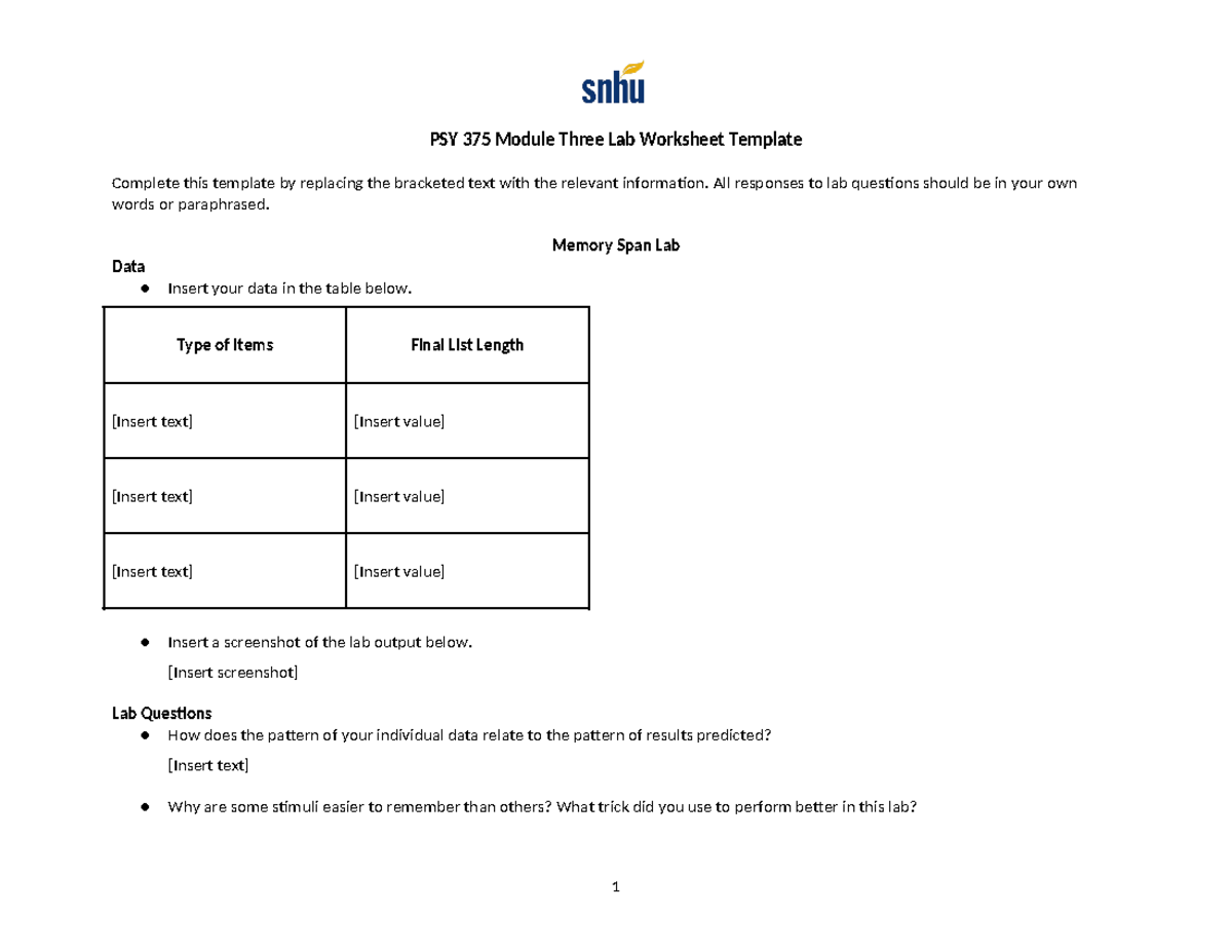 PSY 375 Module Three Lab Worksheet Template - PSY 375 Module Three Lab ...