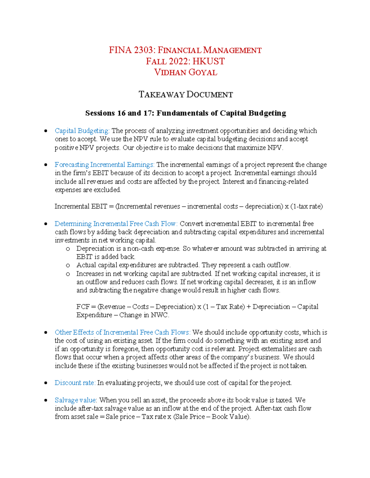 Takeaways Sessions 16and17 - FINA 2303: FINANCIAL MANAGEMENT FALL 2022 ...