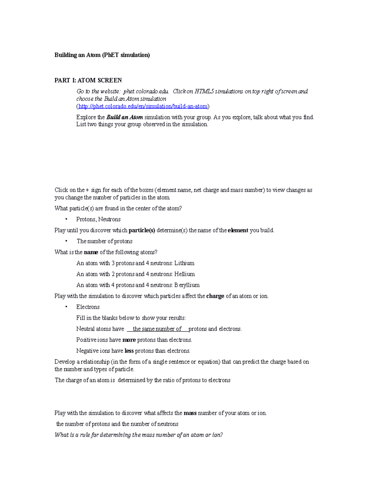 Science prac - Lecture notes 7 - Building an Atom (PhET simulation ...