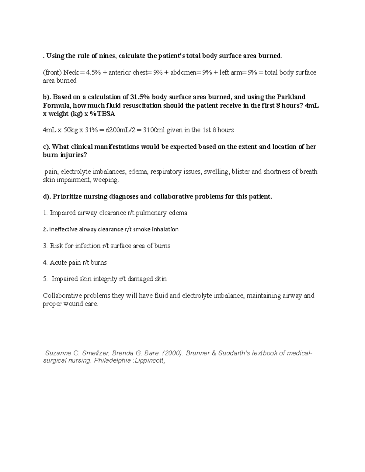 Parkland Burn - . Using the rule of nines, calculate the patient's ...