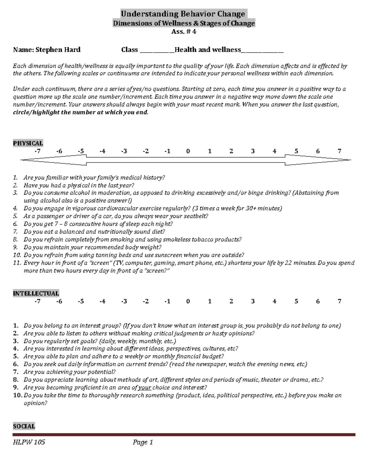 Ass#4 Dimensions of Wellness Continuum - Copy - Understanding Behavior ...