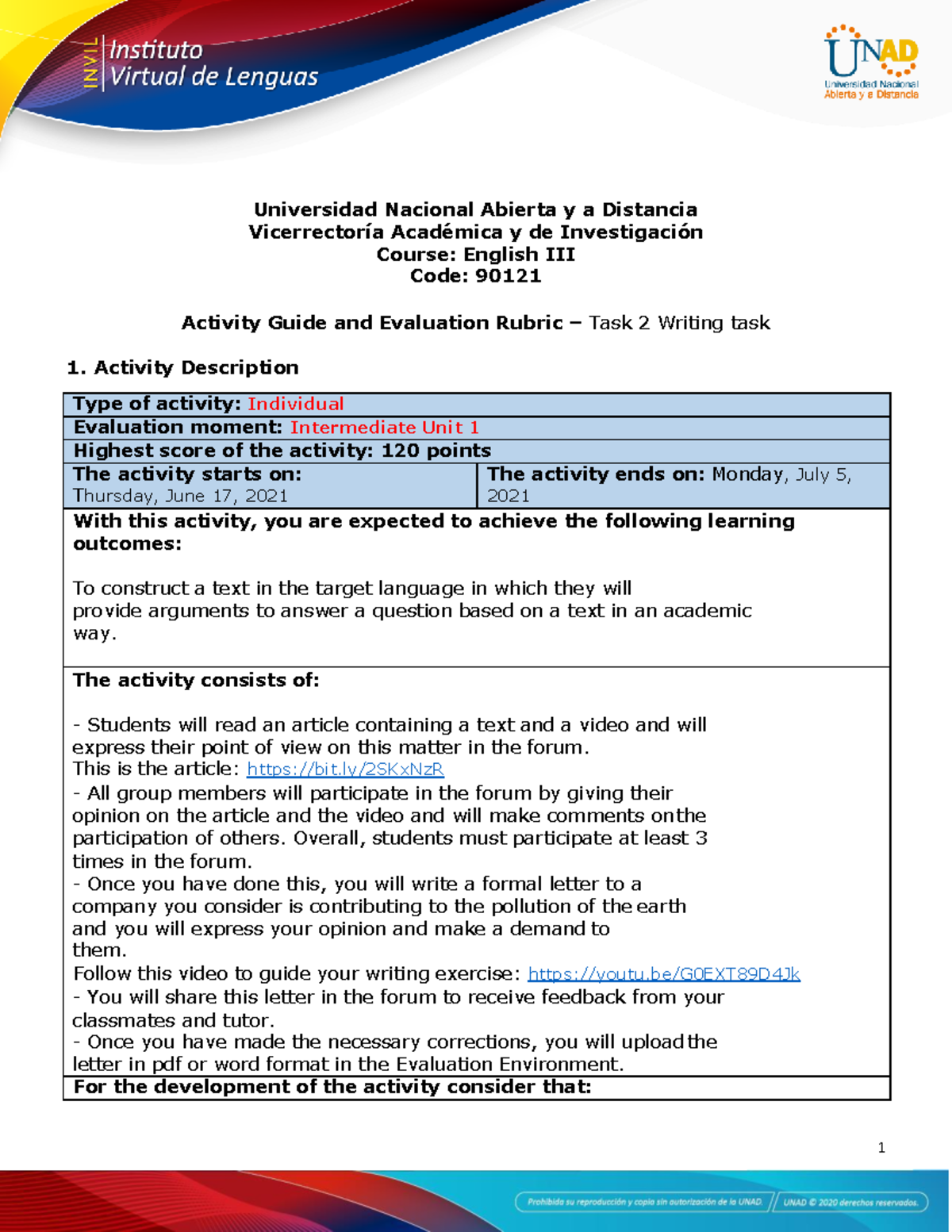 Task guide and evaluation rubric - Unit 1 - Task 2 - Writing Task unad ...