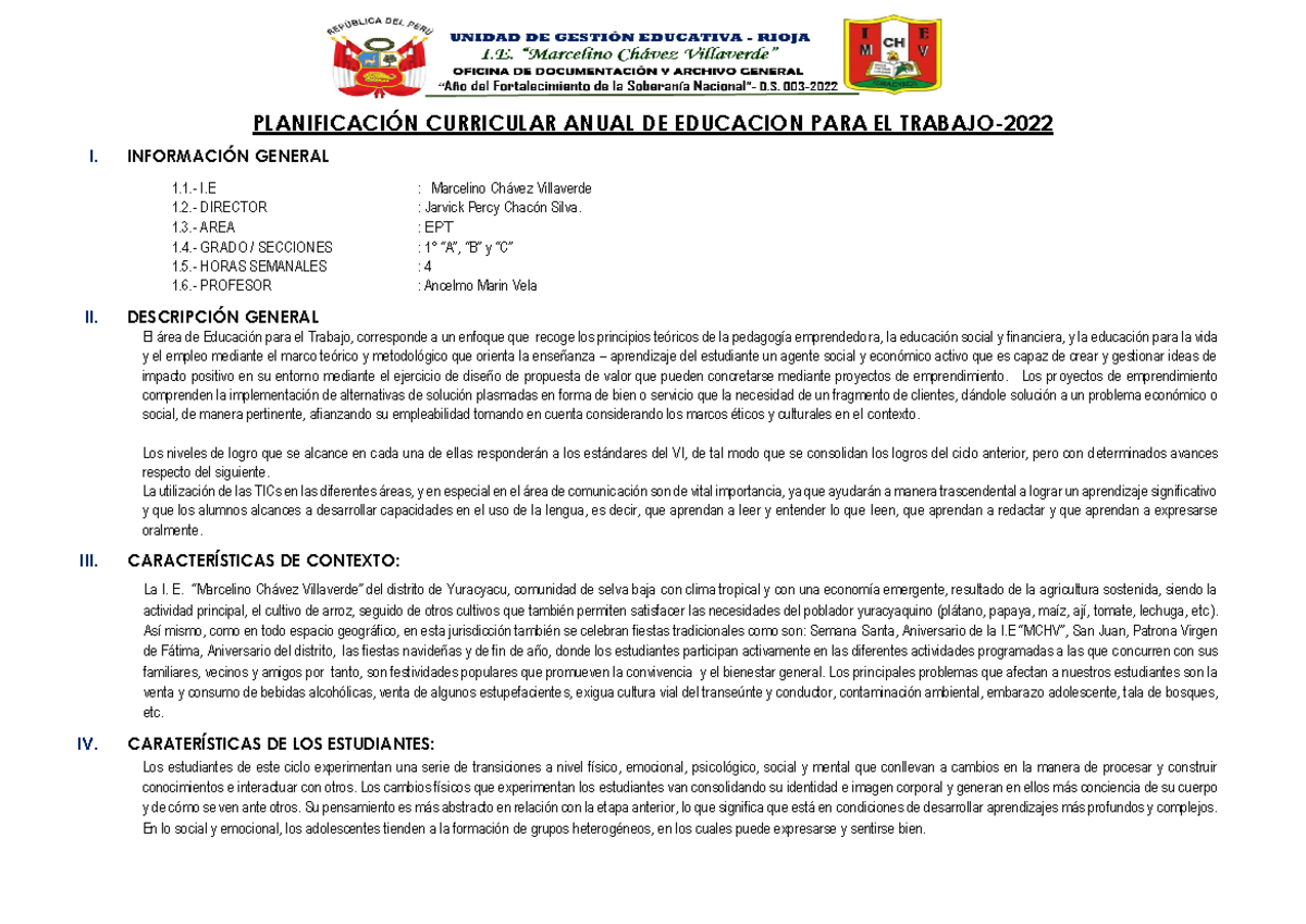 1. Planificacion Anual EPT - PLANIFICACI”N CURRICULAR ANUAL DE EDUCACION PARA EL TRABAJO- I ...