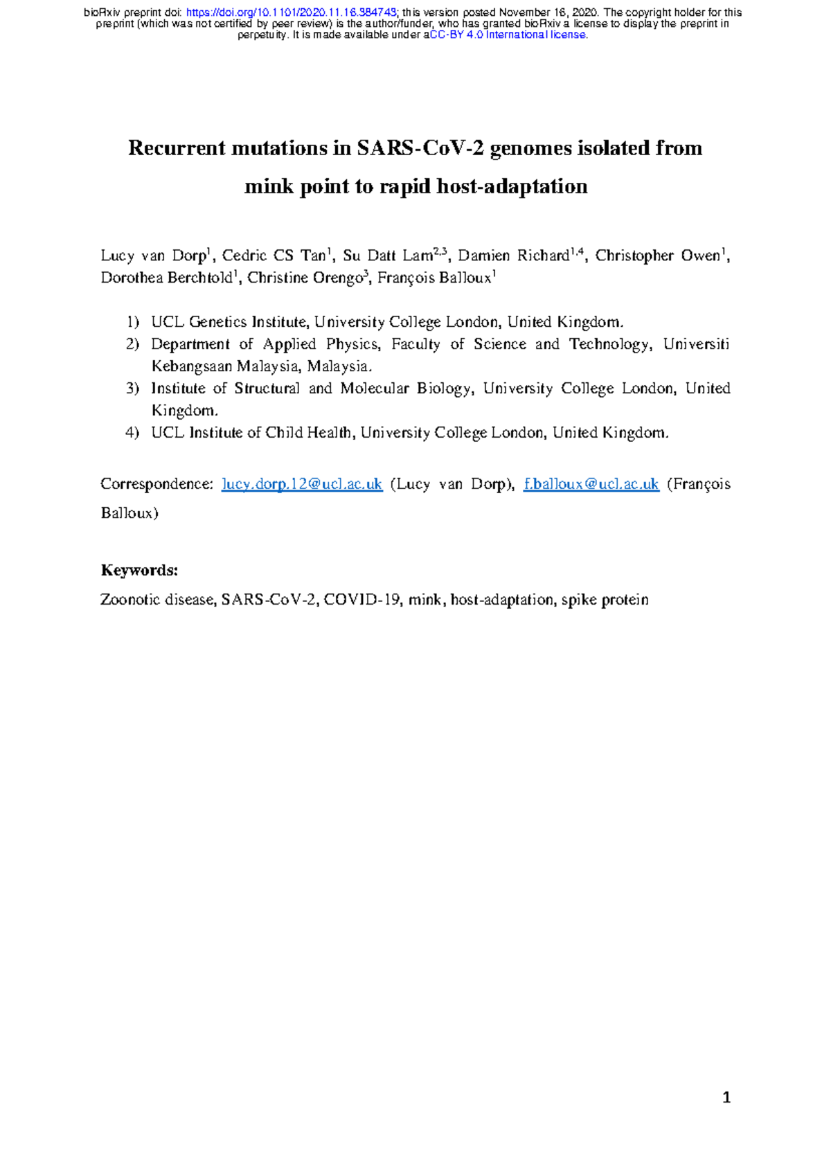 Dorp- Recurrent mutations in SARS-Co V-2 genomes isolated from mink ...