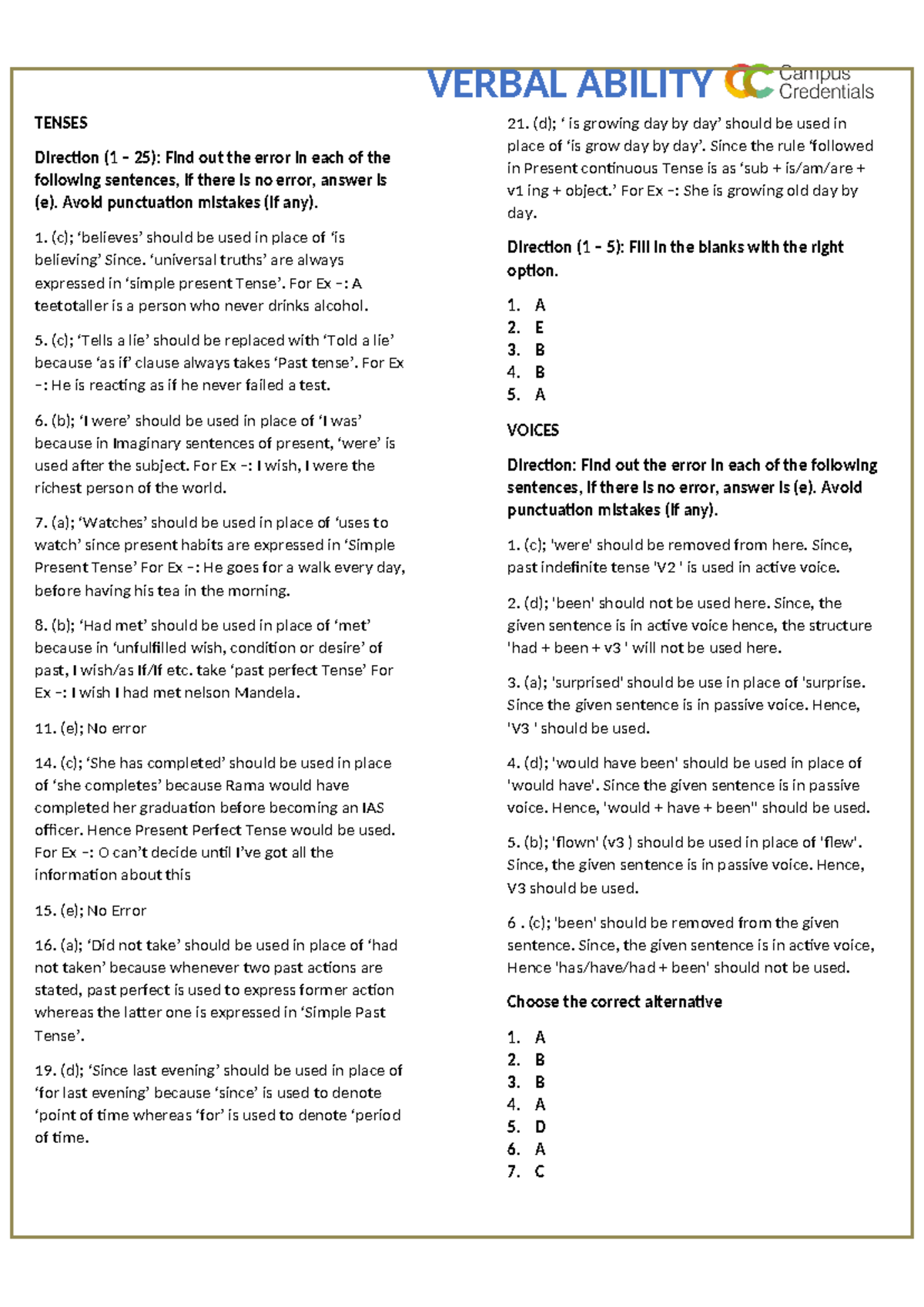 Verbal Ability Handout Solution 2023 - TENSES Direction (1 – 25): Find ...