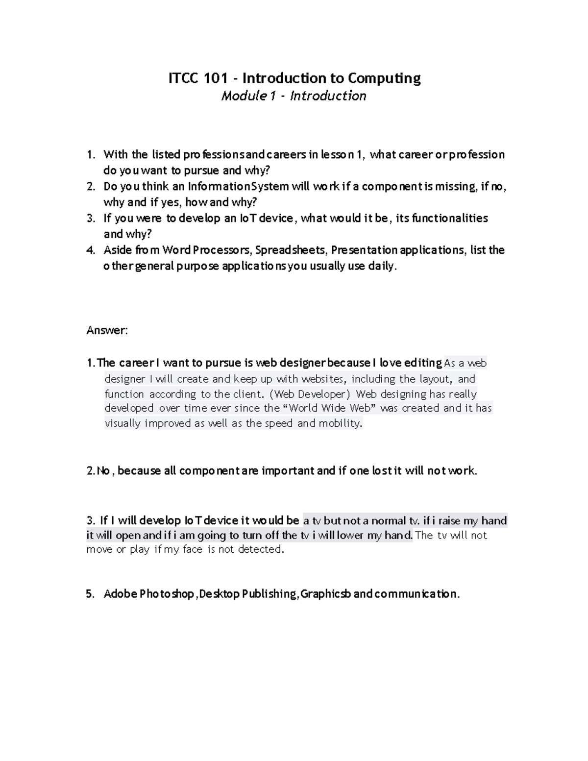 activity 1 and d a d d sf sfnsfc sdf cskjfskjdnsf nsdfdsfd - ITCC 101 - Introduction to - Studocu