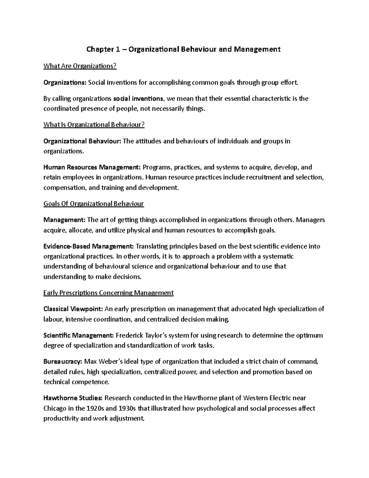 OB - Chapter Notes - For all comm 222 students at jmsb - Chapter 1 ...