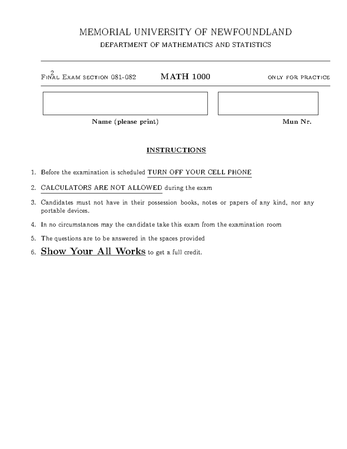 Practice Final Exam questions 2021 - 2 MEMORIAL UNIVERSITY OF ...