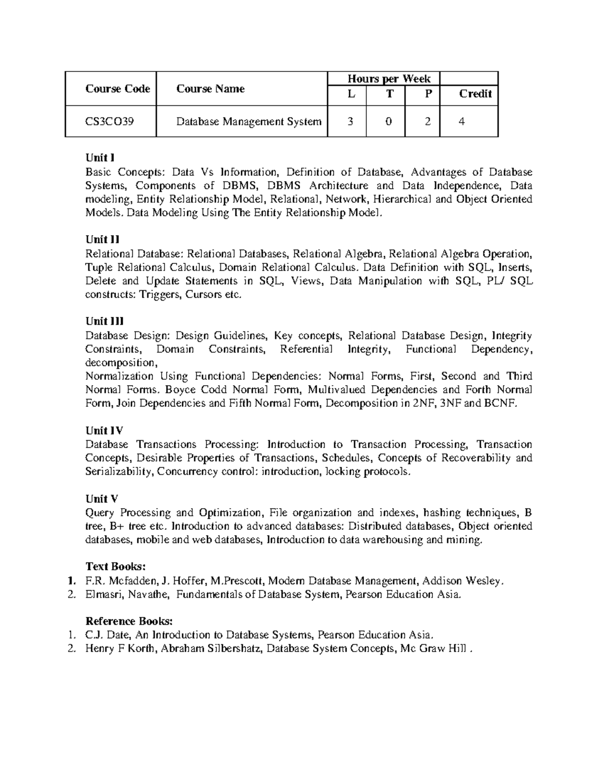 DBMS Syllabus - its a whole summary - Course Code Course Name Hours per Week L T P Credit CS3CO ...