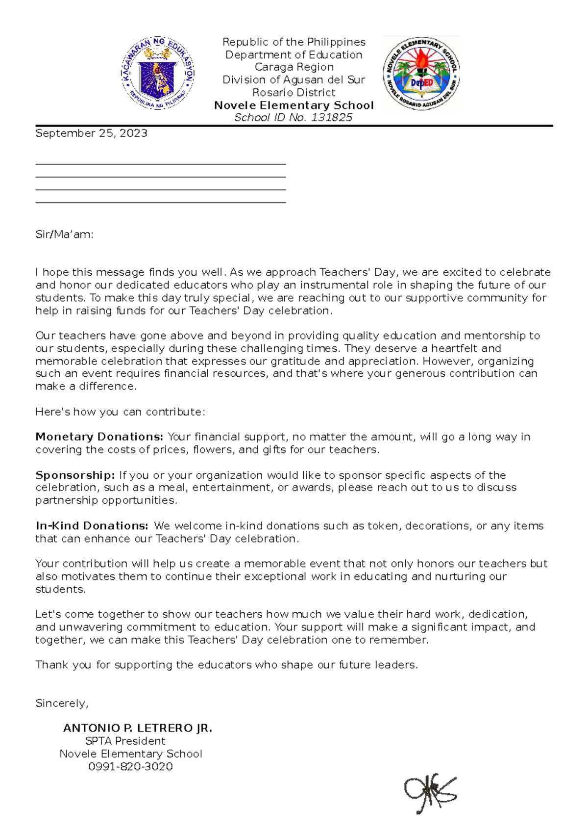 Solicitation FOR Teachers' DAY - Republic of the Philippines Department ...