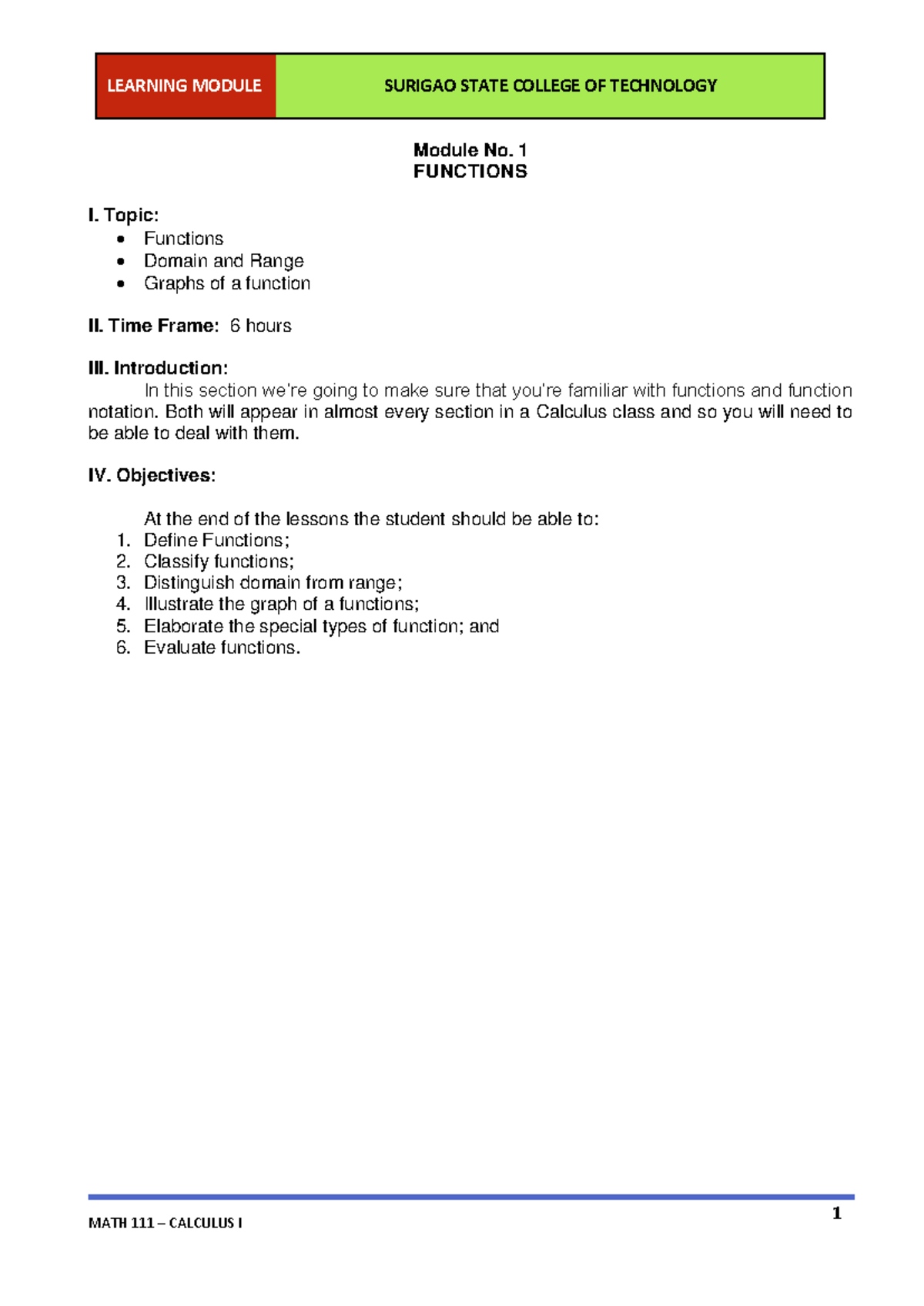 Cal 1 Midterm Module (Part 1) - 1 Module No. 1 FUNCTIONS I. Topic ...