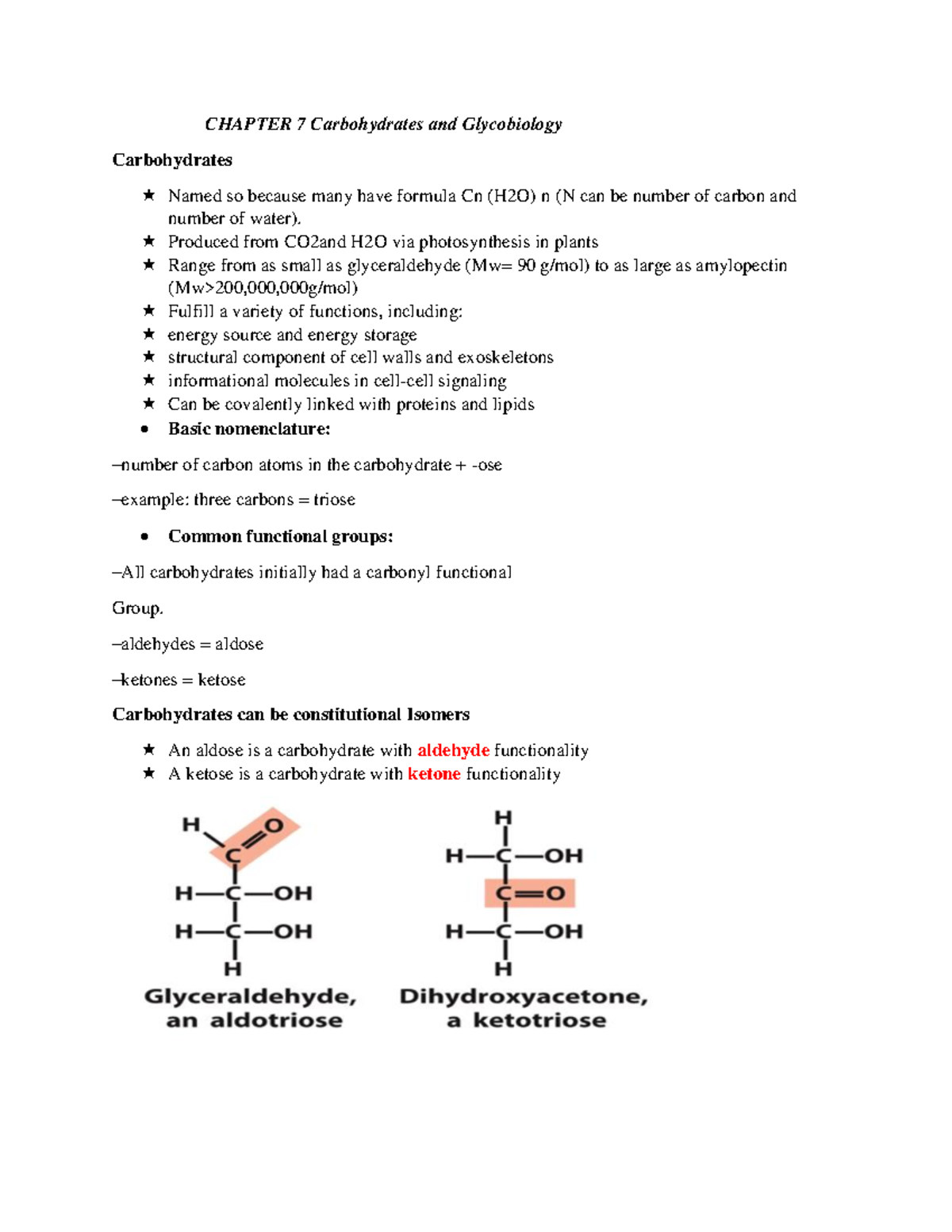 BIo-chem chapter 7 note - CHAPTER 7 Carbohydrates and Glycobiology ...