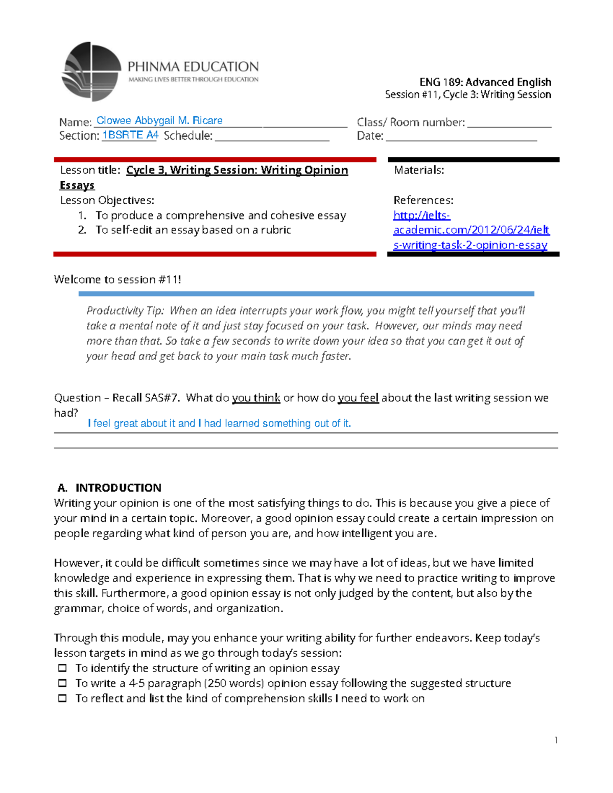 SAS #11 writing ENG189 swu - Lesson title: Cycle 3, Writing Session ...