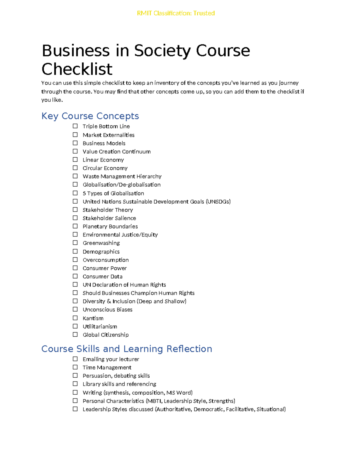 Student Learning Course Checklist - RMIT Classification: Trusted ...