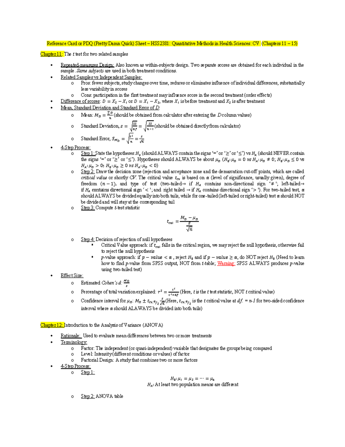 PDQ Sheet - HSS2381 (Chapters 11 - 15) - Reference Card or PDQ (Pretty ...