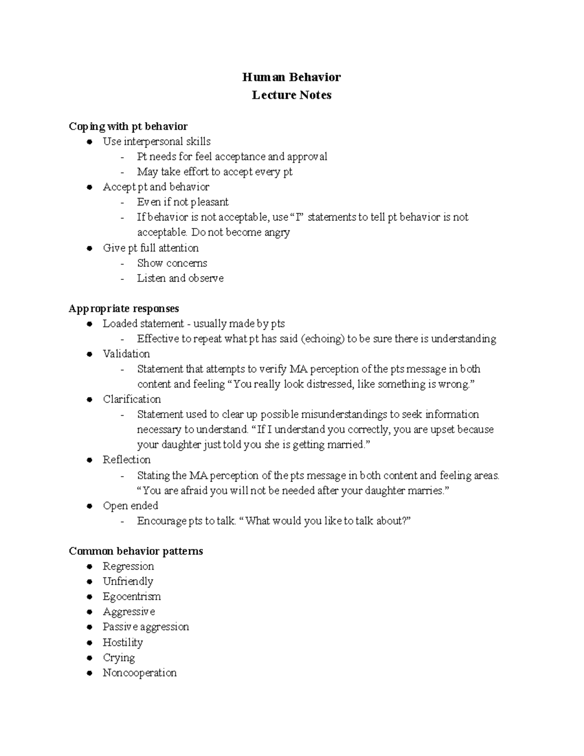 Human Behavior - Human Behavior Lecture Notes Coping with pt behavior ...