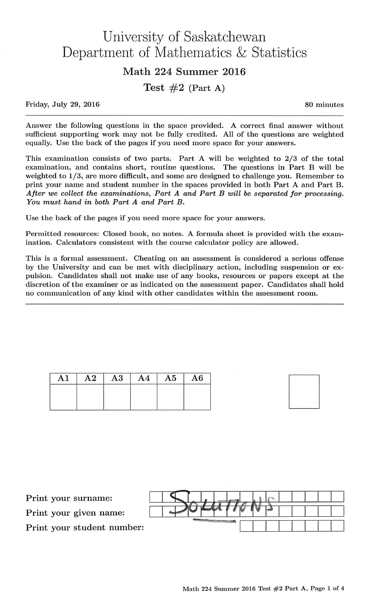 Test 29 July 2016, answers - Math 224.3 - Studocu