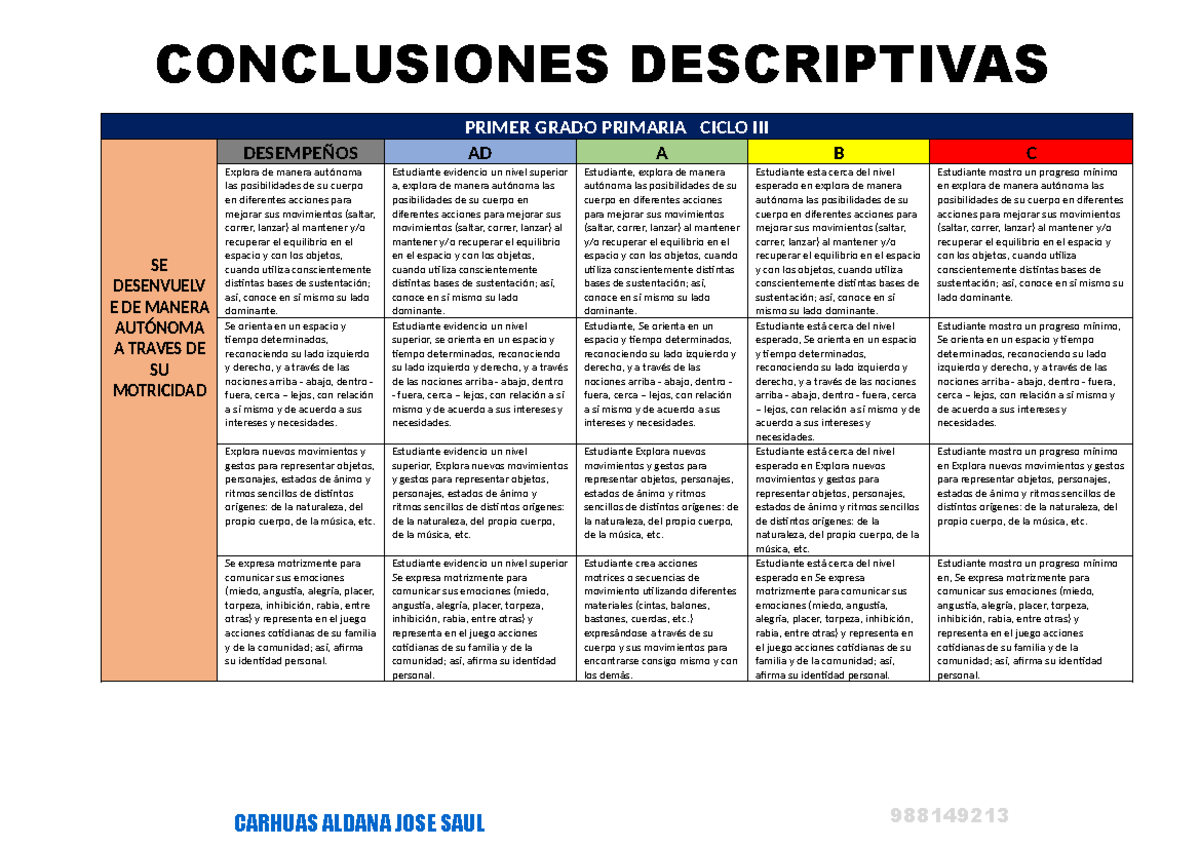1º Grado Conclusiones Descriptivas Primaria - CONCLUSIONES DESCRIPTIVAS 988149213 PRIMER GRADO ...