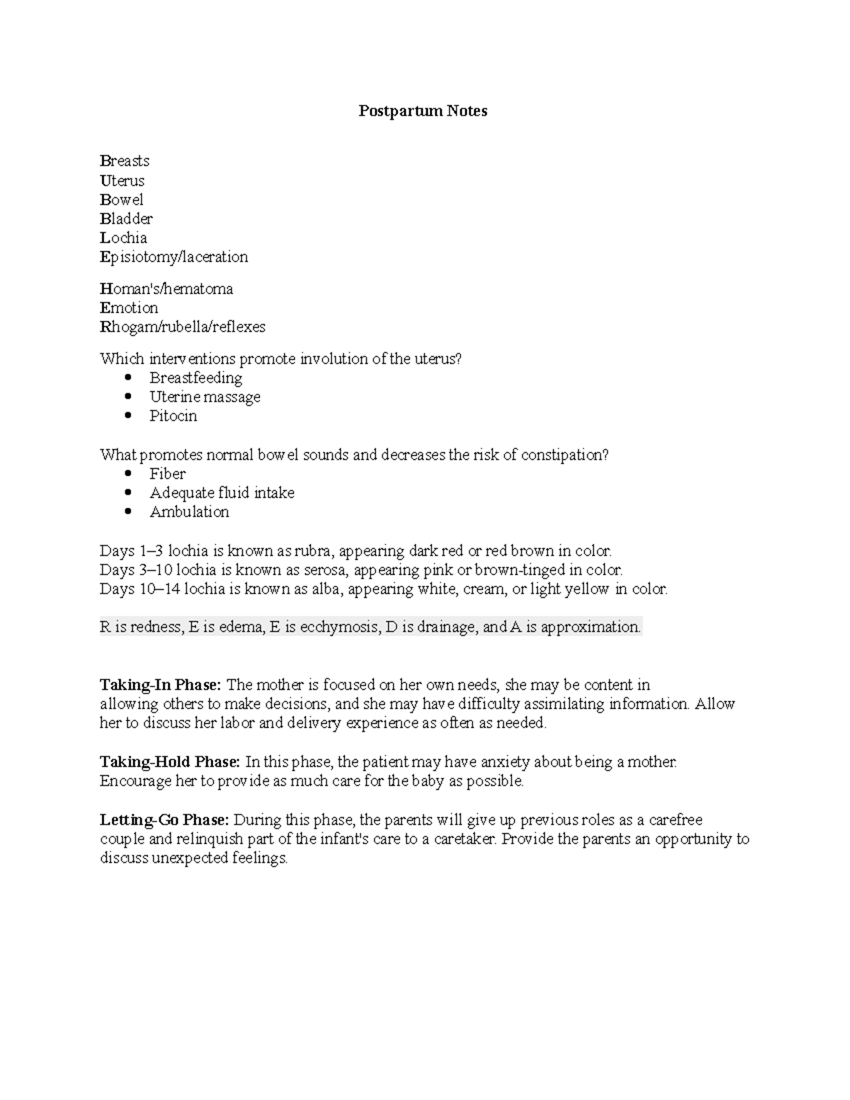 Postpartum Nursing Notes - Postpartum Notes B reasts U terus B owel B ...