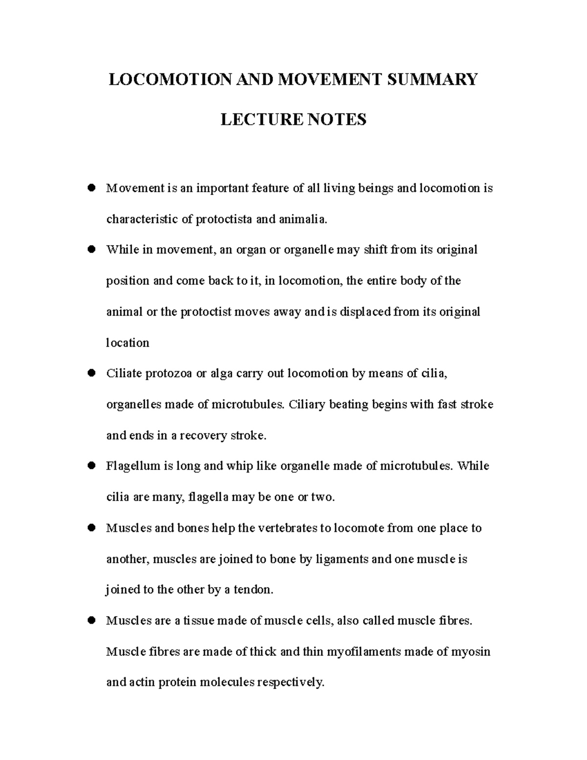 LOCOMOTION AND MOVEMENT SUMMARY LECTURE NOTES - LOCOMOTION AND MOVEMENT ...
