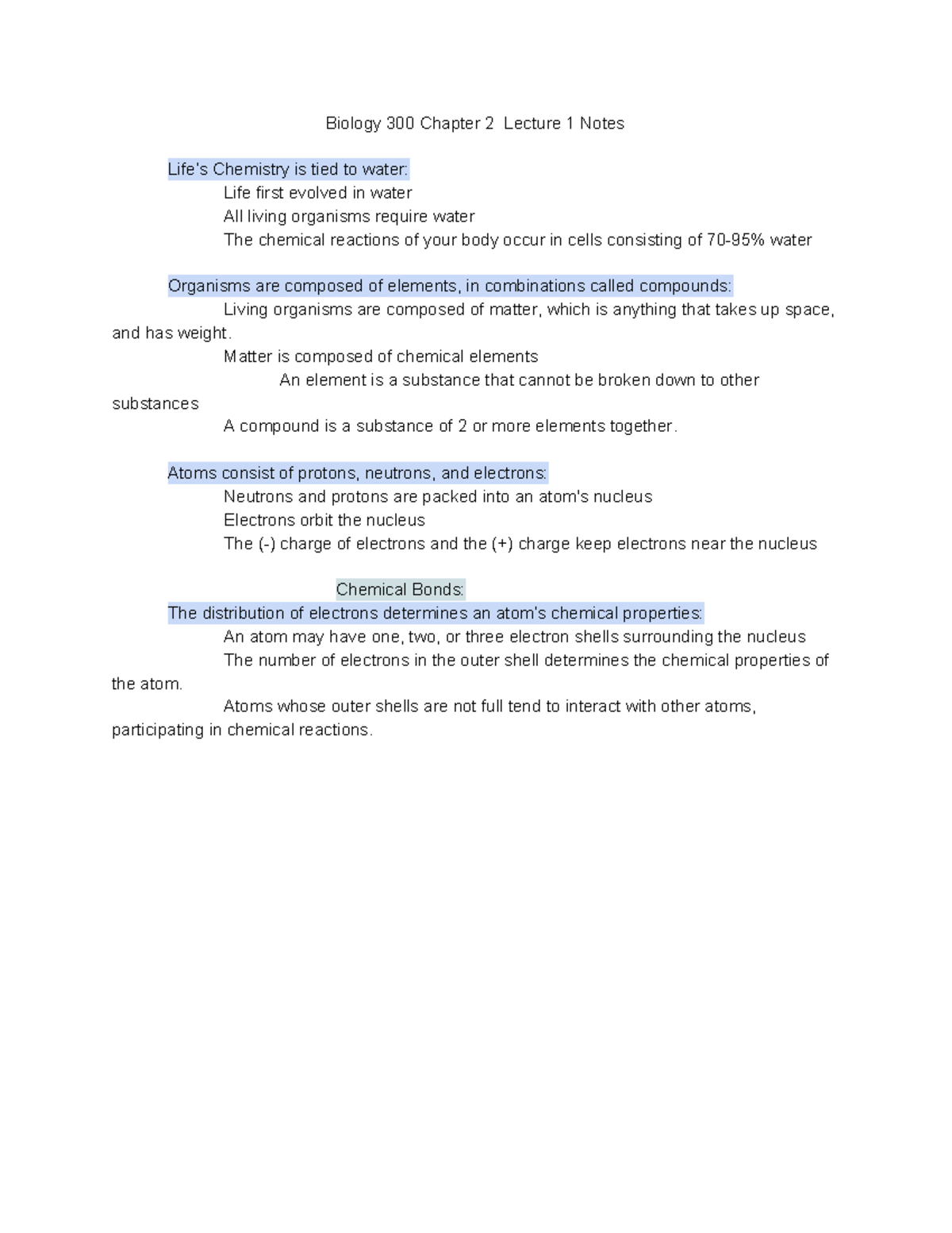 Biology 300 Chapter 2 lecture 1 - Biology 300 Chapter 2 Lecture 1 Notes ...