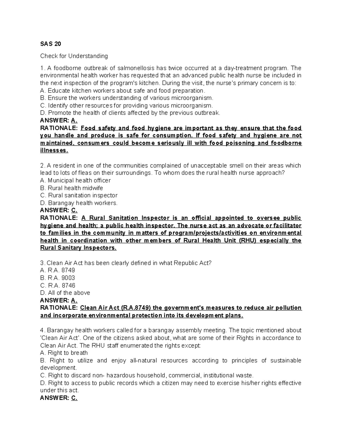Chn sas 20 23 - NONE - SAS 20 Check for Understanding A foodborne outbreak of salmonellosis has ...