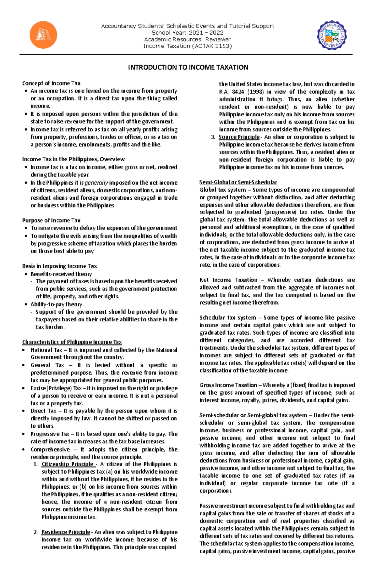 Income Taxation ( Actax 3153) - School Year: 2021 - 2022 Academic ...