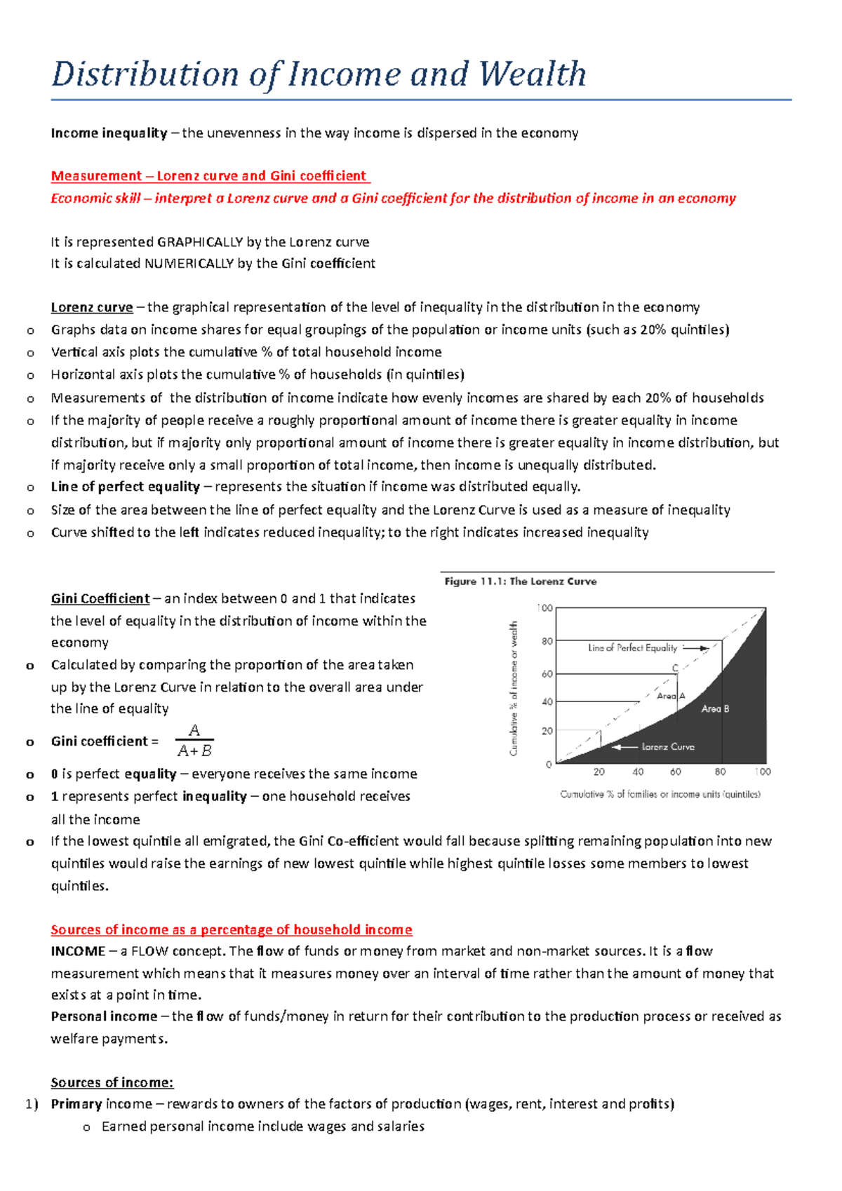 Distribution of Income and Wealth - o Line of perfect equality ...