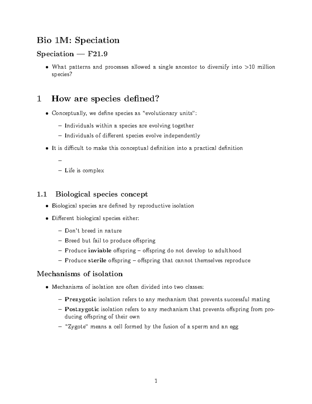 Speciation - in class notes - Bio 1M: Speciation Speciation — F21. What ...