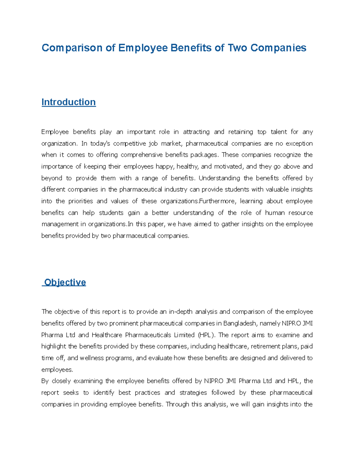 Comparison of Employee Benefits of Two Companies - Comparison of ...