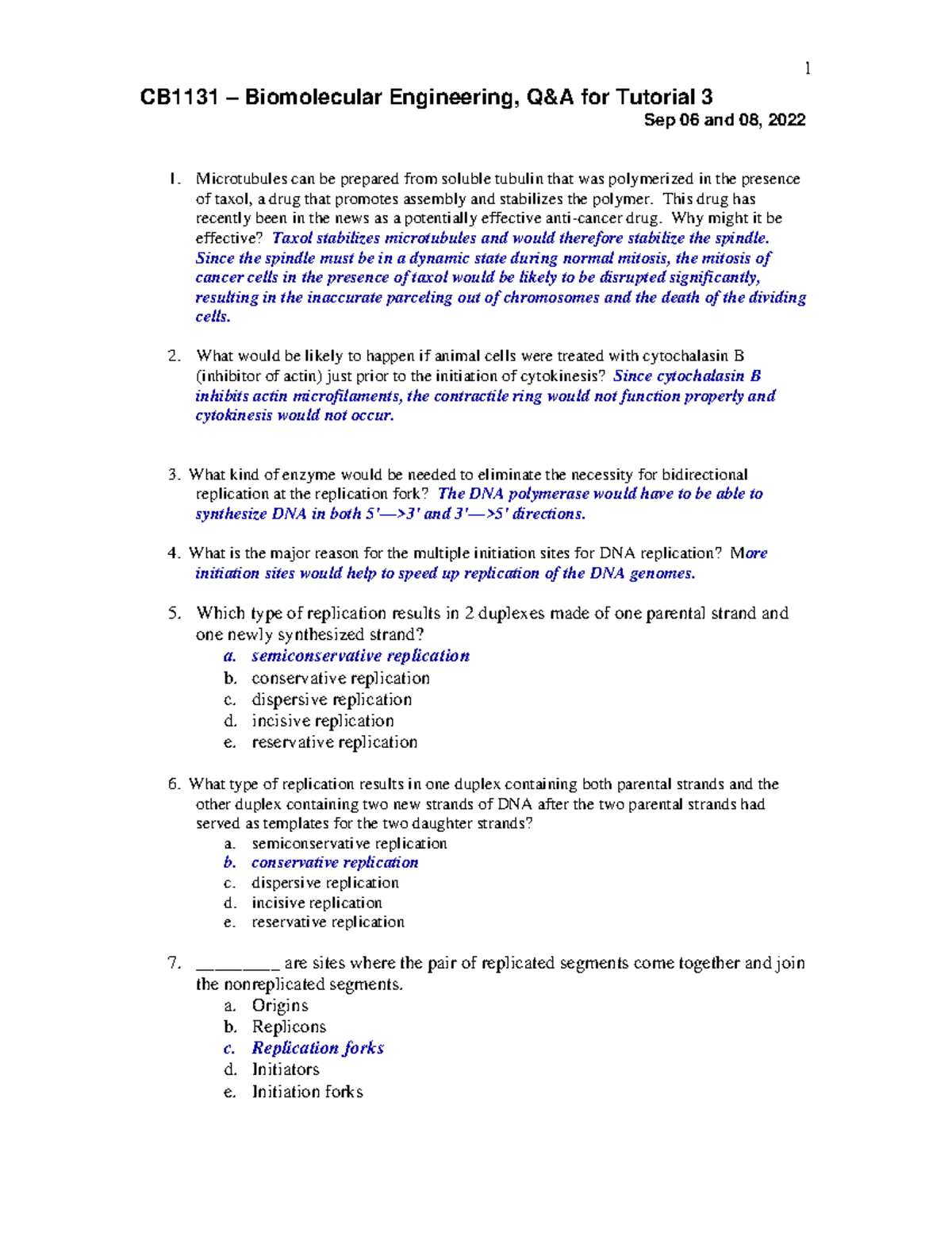 Tutorial 3 Ans - Ans - 1 CB1131 – Biomolecular Engineering, Q&A for Tutorial 3 Sep 06 and 08 ...
