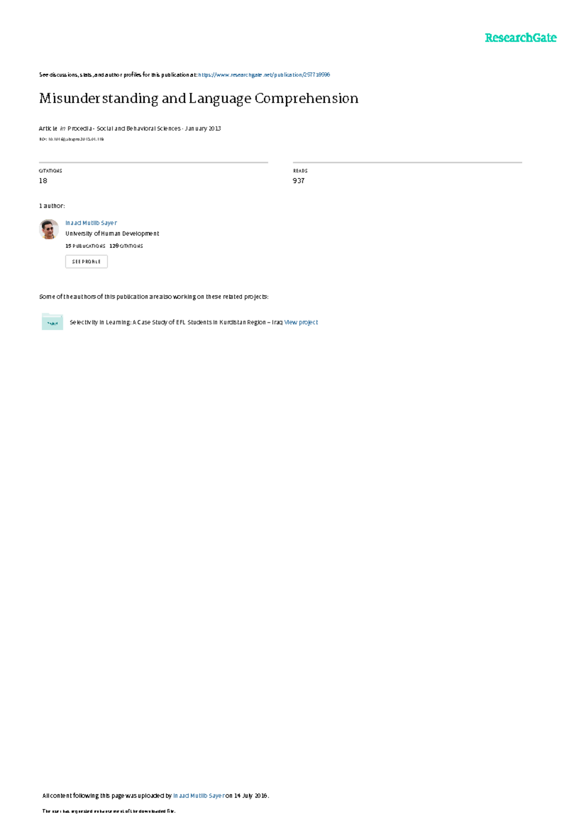 Misunderstanding and Language Comprehension - See discussions, stats ...