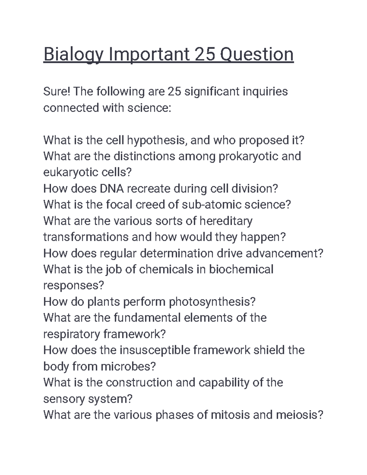 Bialogy Important 25 Question - Bialogy Important 25 Question Sure! The ...