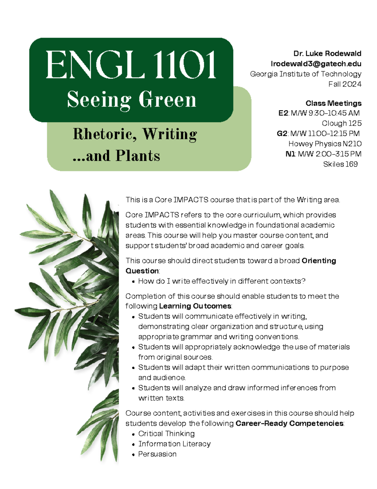 ENGL 1101 Syllabus (Rodewald)-1 - ENGL 1101 Seeing Green Rhetoric ...