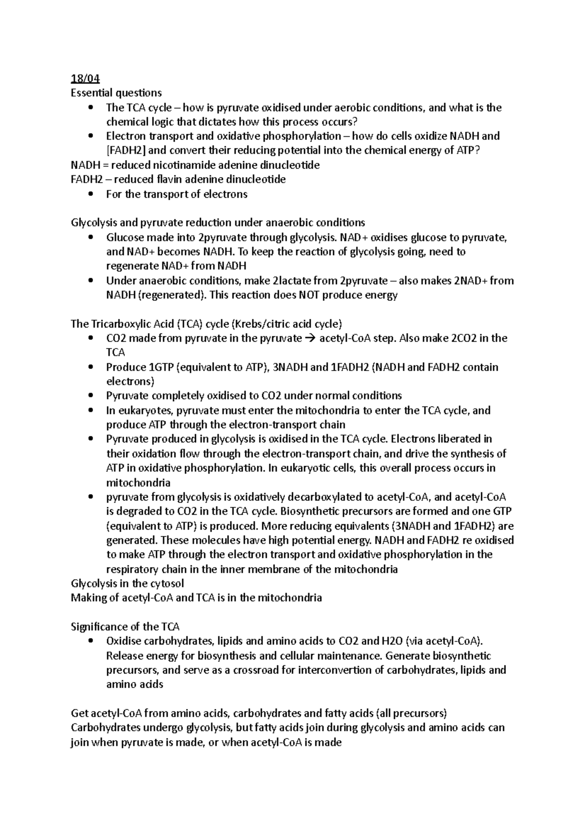 244 Lifeng Peng Lectures - 18/ Essential questions The TCA cycle – how ...