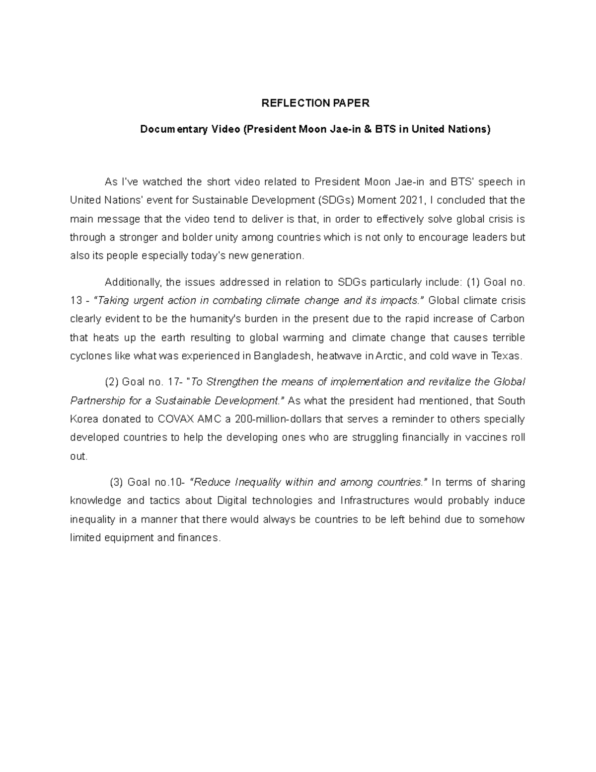 Reflection paper(Moon Jae-In,BTS) - REFLECTION PAPER Documentary Video ...